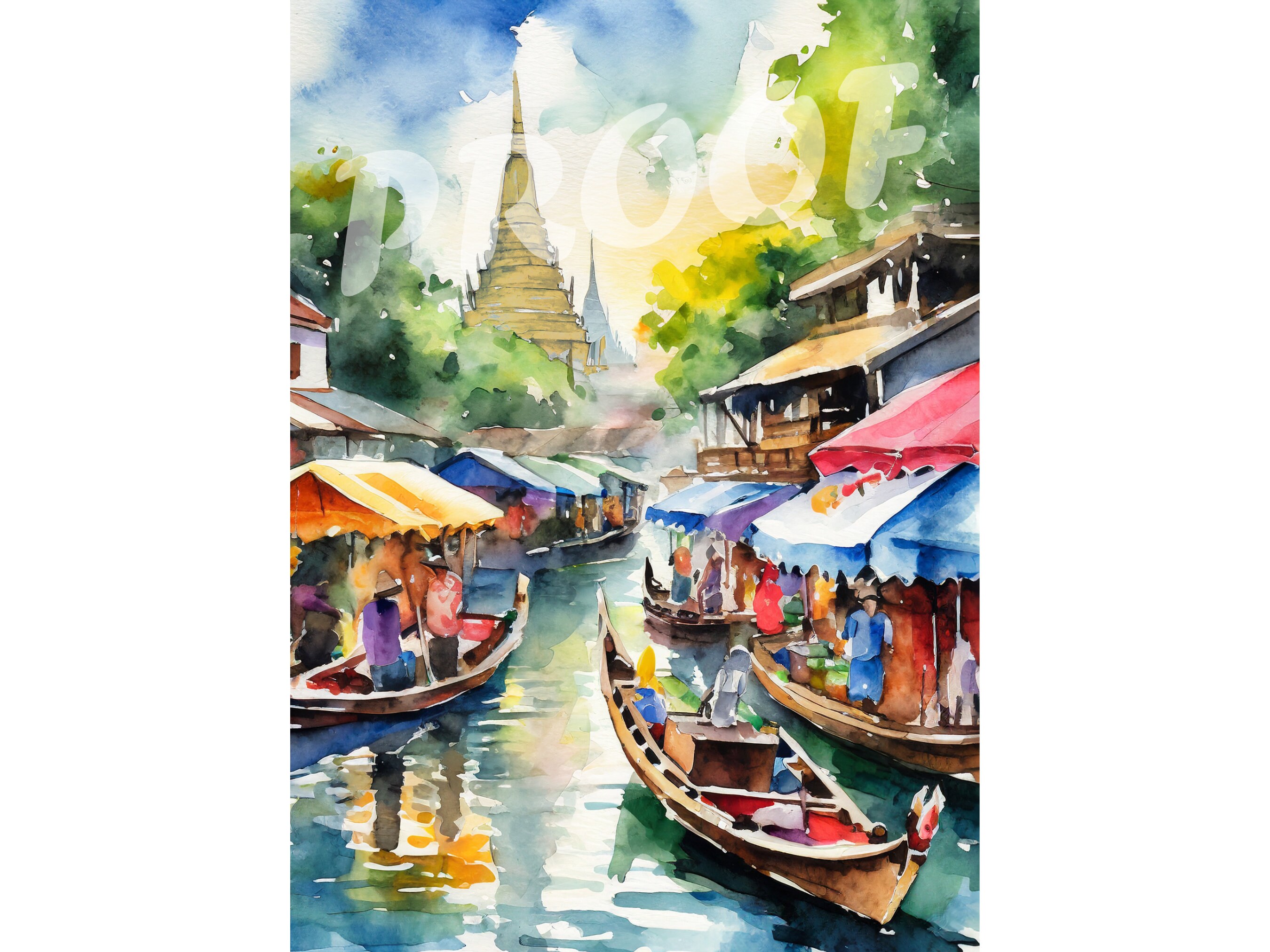 Bangkok Floating Market Watercolor Art Print - Thailand, Wall Art ...