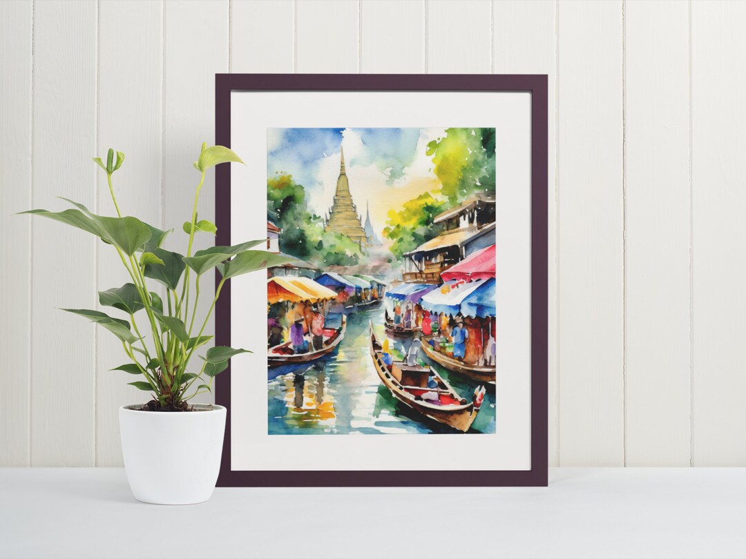 Bangkok Floating Market Watercolor Art Print - Thailand, Wall Art ...