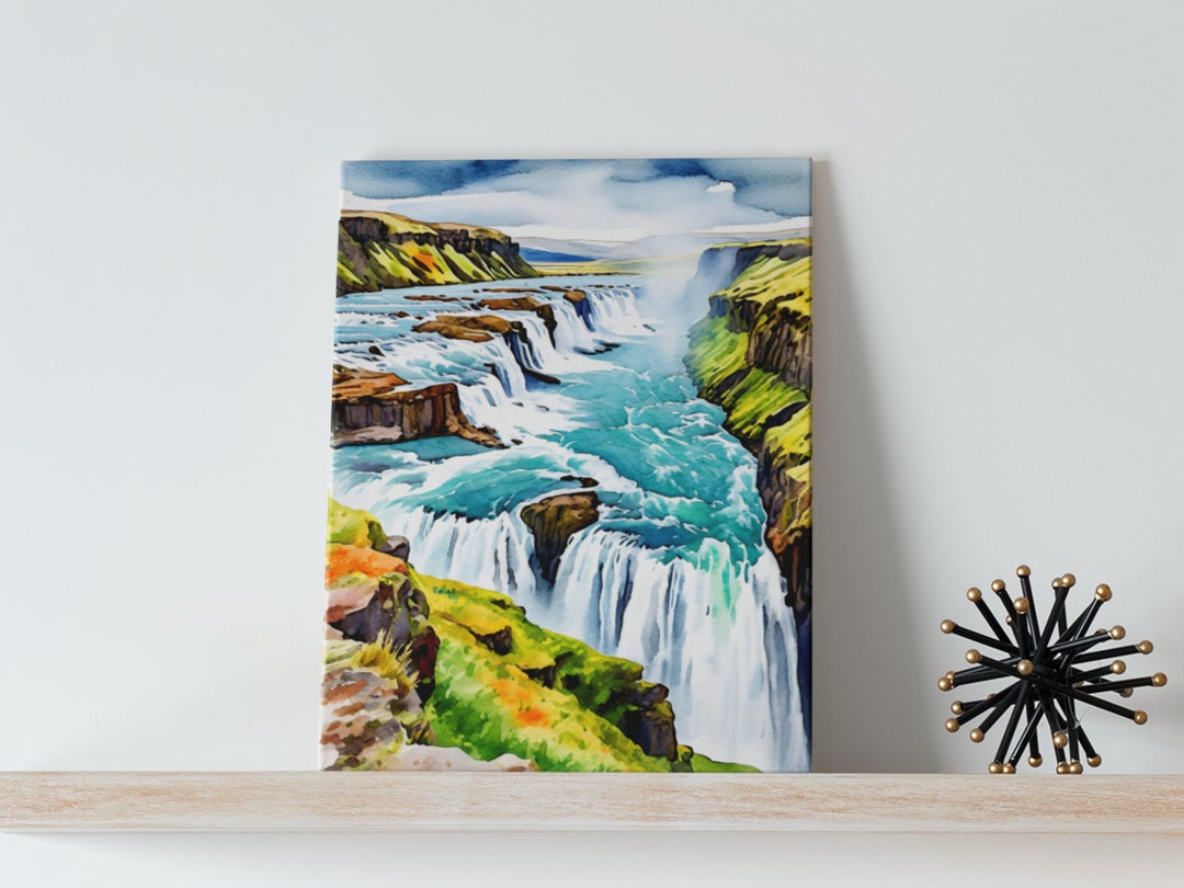 Gullfoss Watercolor Art Canvas - Iceland, Reykjavik, Vik, Travel Art ...