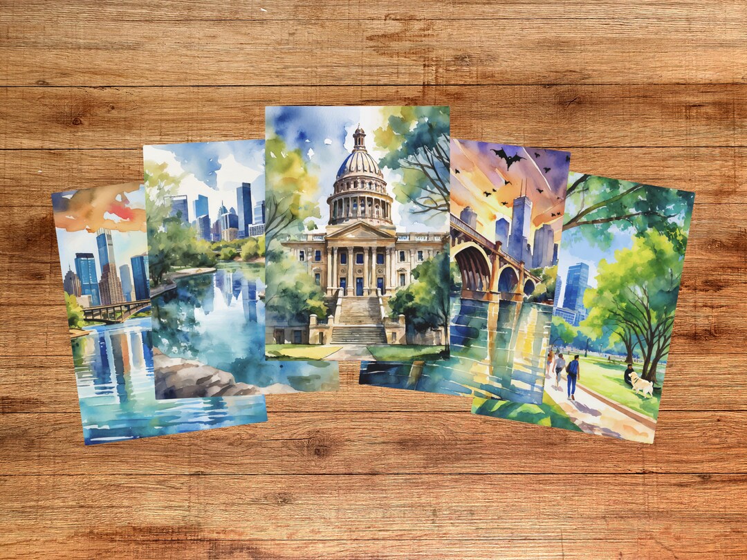5 Austin Postcards - Watercolor Postcard Set, Texas, Austin Gifts ...