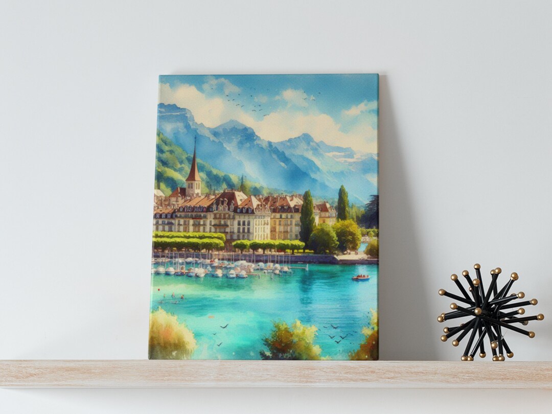 Lake Geneva Watercolor Art Canvas - Switzerland, Travel Art, Watercolor ...