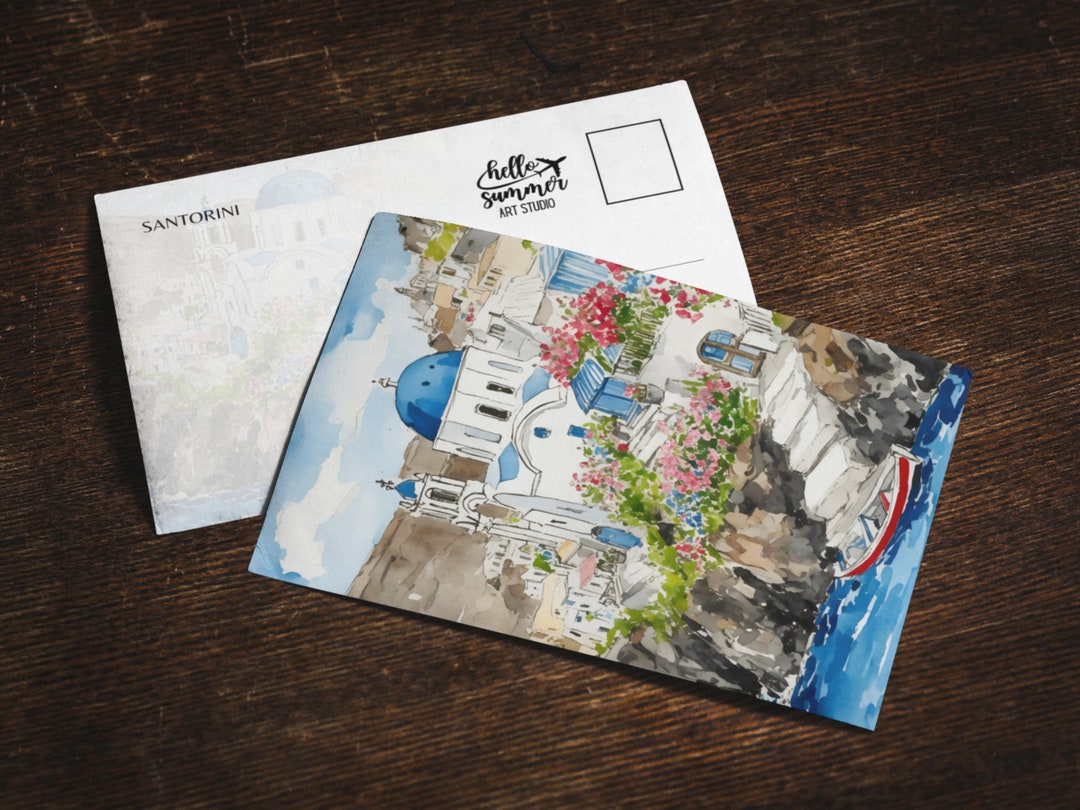 Santorini Watercolor Postcard, 5 X 7, Stationery, Greece, Europe ...