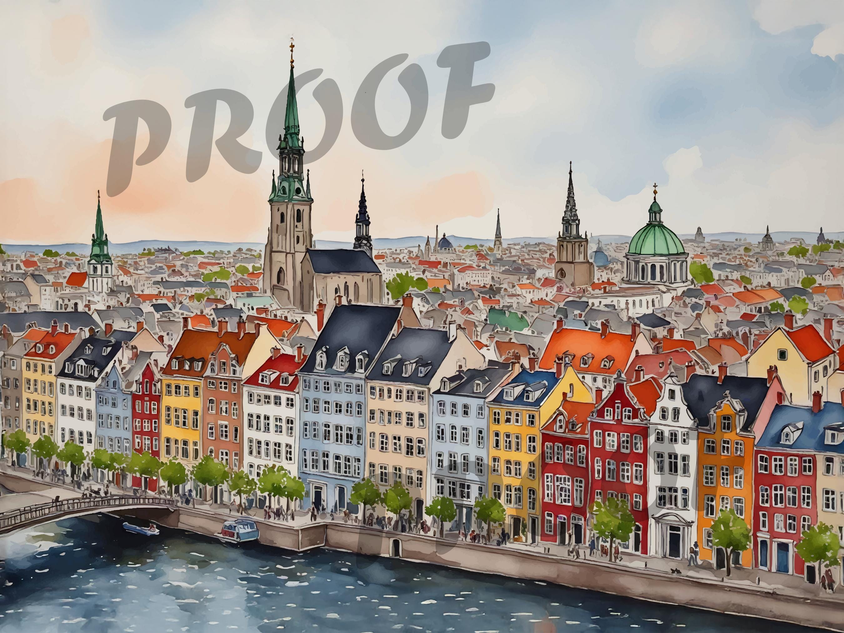 Copenhagen Watercolor Art Print - Denmark, City Wall Art, Copenhagen ...