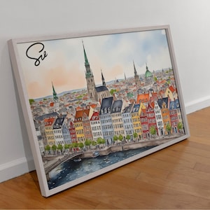 Copenhagen Watercolor Painting (DIGITAL ART) Denmark, Travel Art, Art ...
