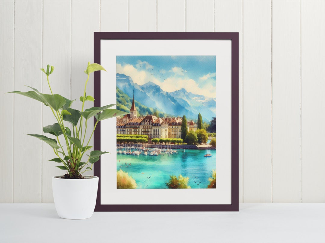 Lake Geneva Watercolor Art Print - Switzerland, Travel Art, Watercolor ...