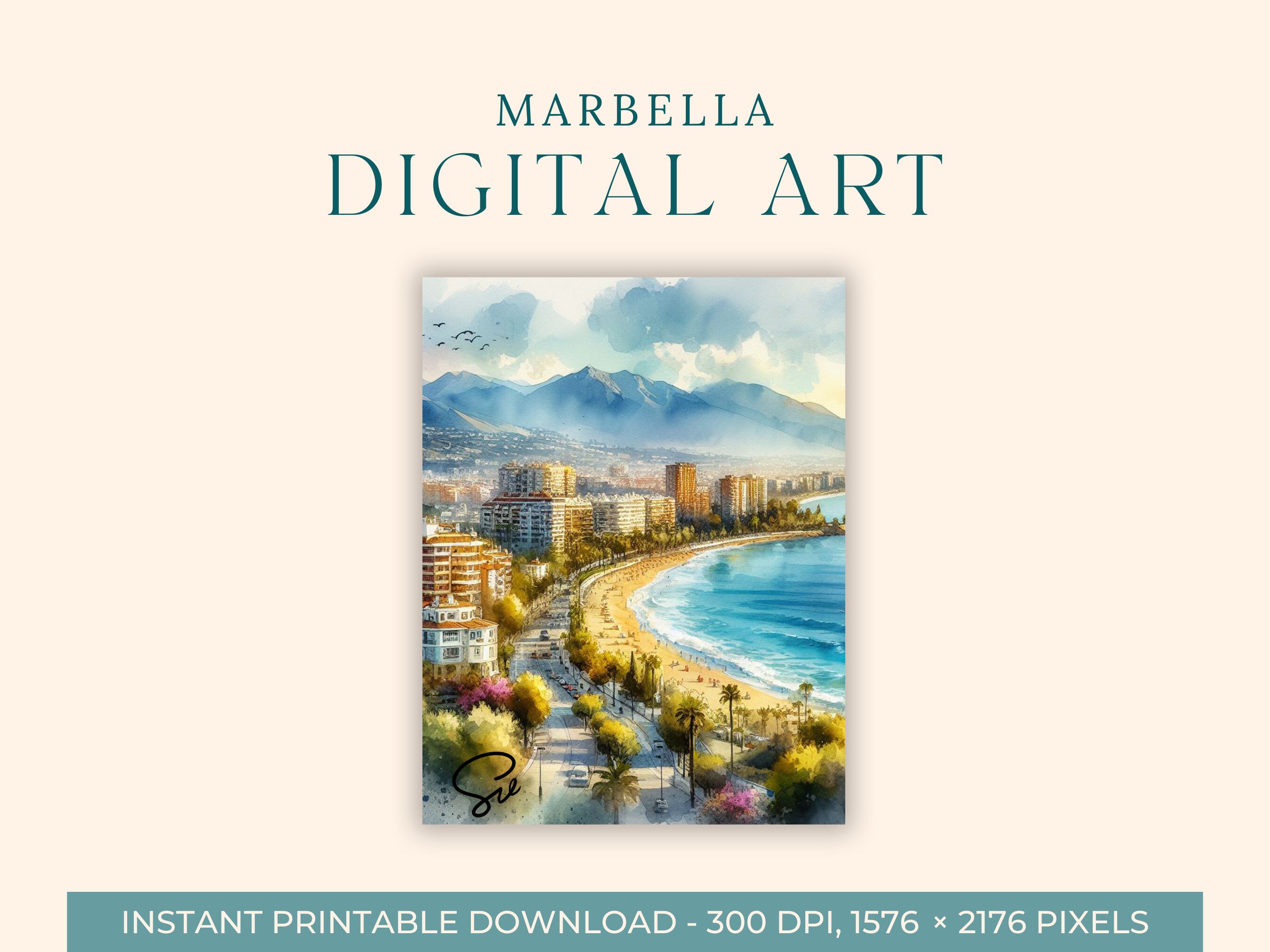 Marbella Watercolor Painting DIGITAL ART Spain, Malaga, Travel Art, Art ...