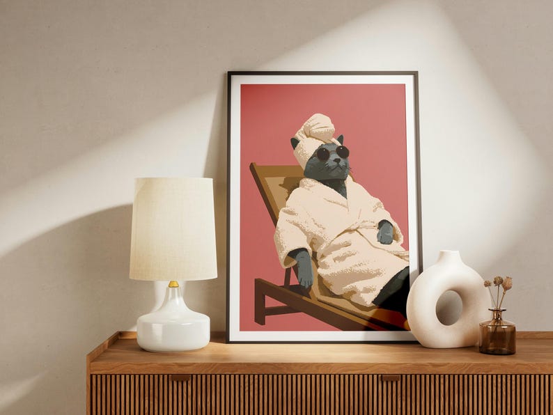 Russian Blue Cat Relaxing in Robe and Towel Wearing Sunglasses on ...