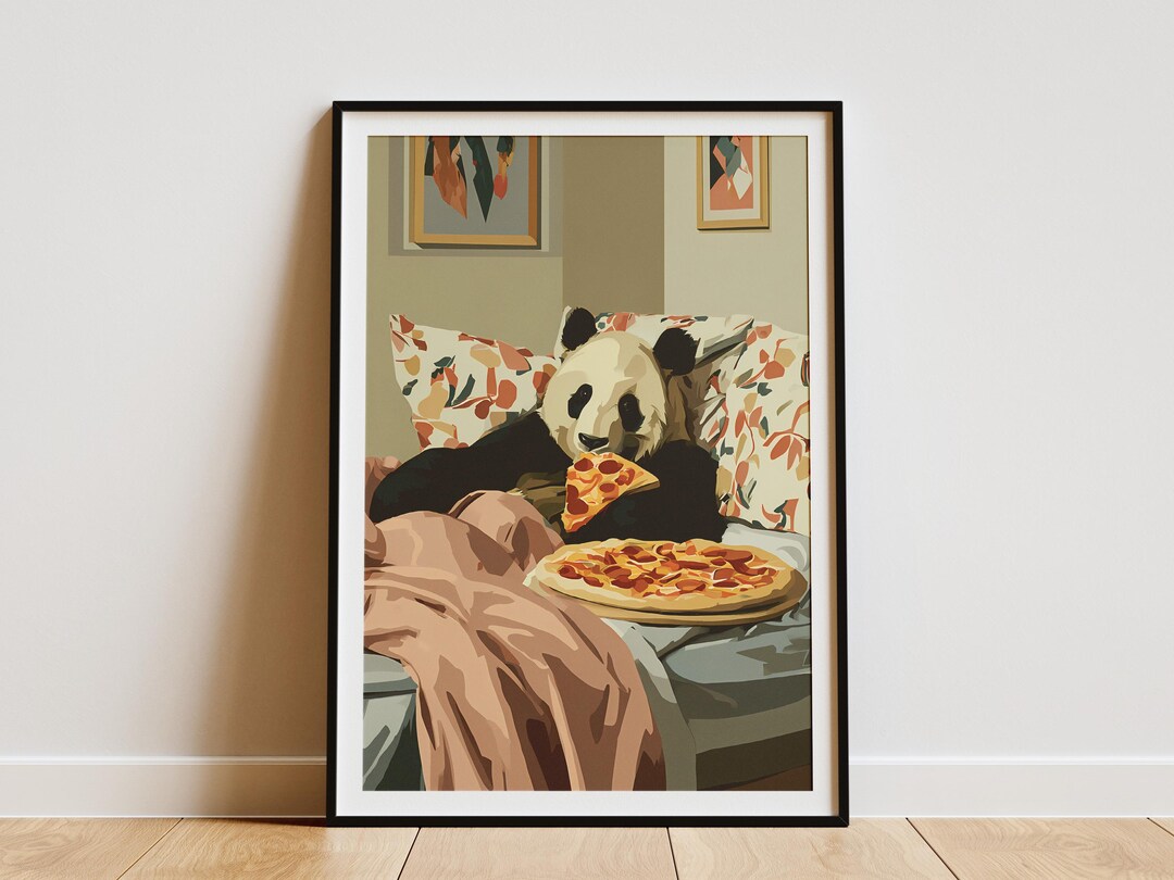 Cozy Panda Eating Pizza in Bed Modern Digital Art Print Relaxing Animal ...