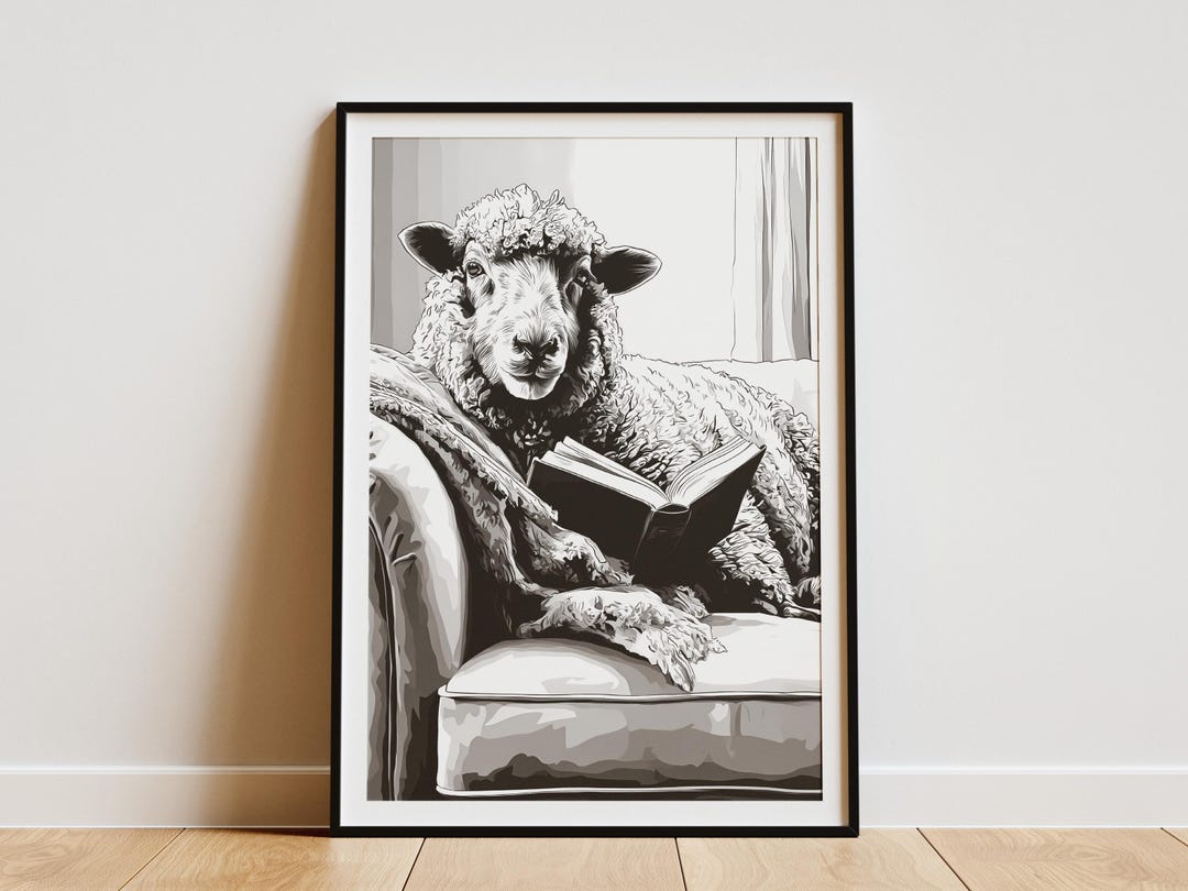Delightful Sheep Reading Book on Sofa Art Print Cozy Animal ...