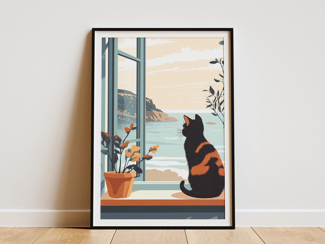 Cat by the Window Ocean View Coastal Cat Art Print Calm Ocean Scenery ...