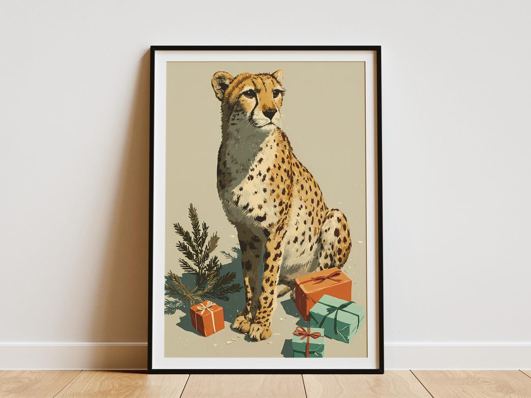 Cheetah Christmas Gift Box Art Print Festive Winter Holiday Animal Wall ...