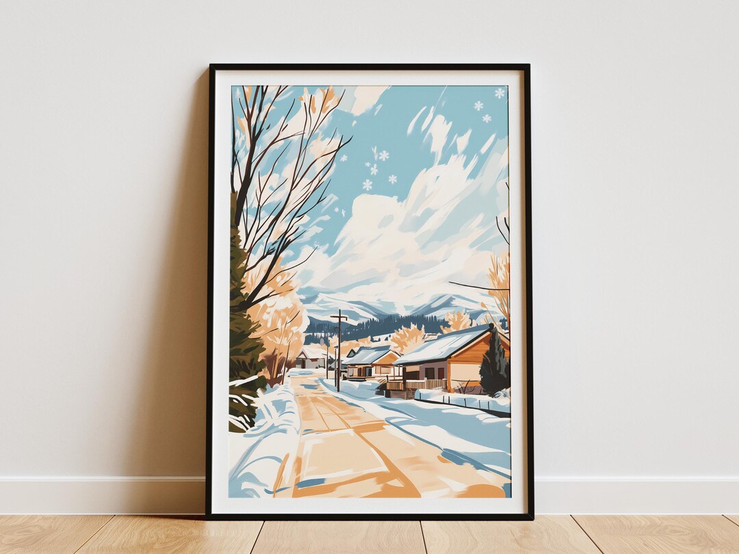 Snowy Village Winter Scene Poster Print Cozy Cabin in Snow Peaceful ...
