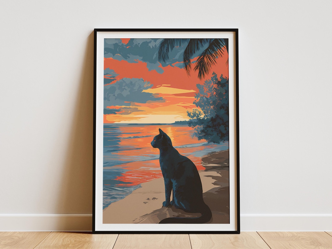 Russian Blue Cat Hawaii Beach Sunset Ocean View Coastal Art Print ...