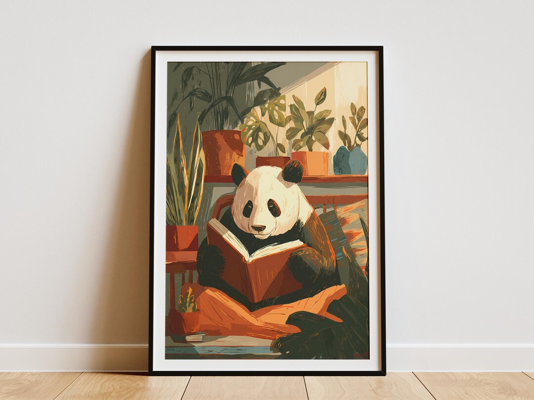 Cozy Panda Reading Book Art Print Peaceful Night Study Scene Poster ...
