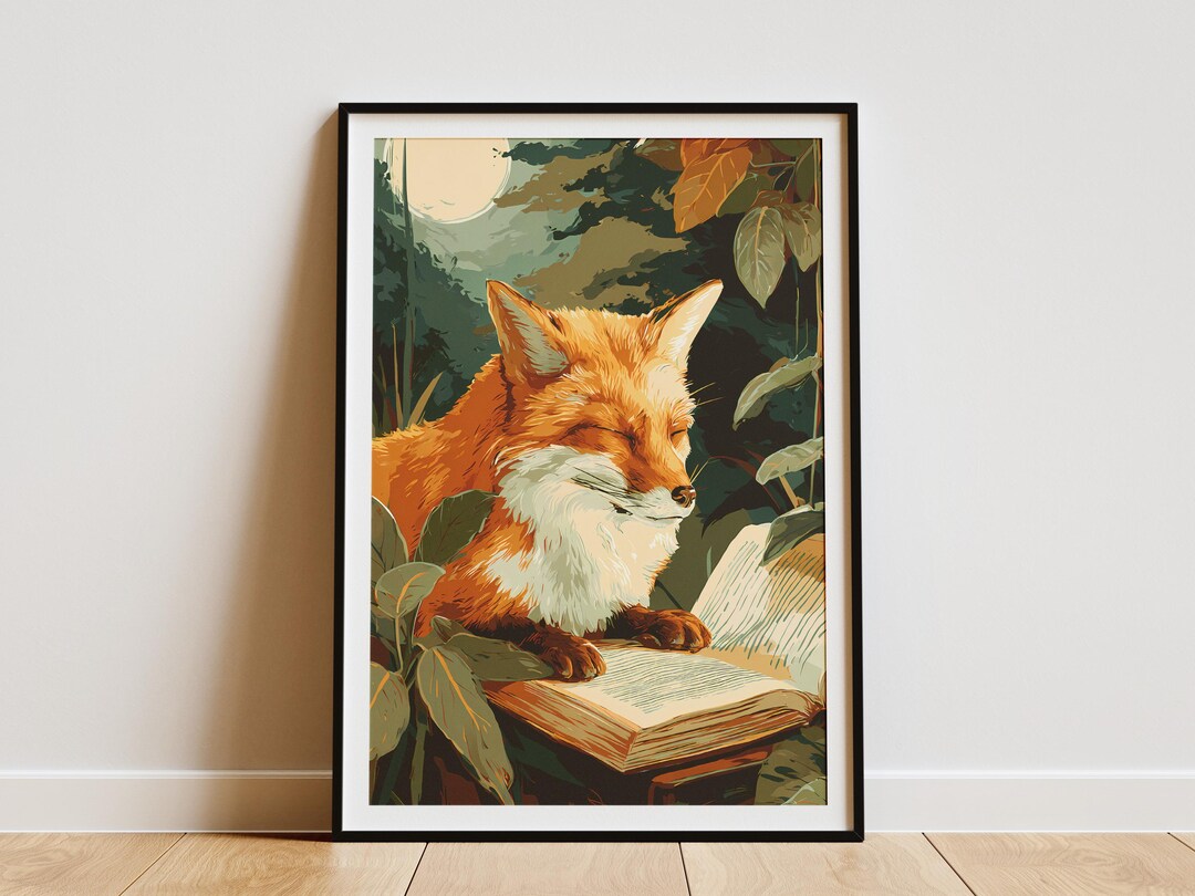 Enchanting Fox Reading a Book at Night Art Print Cozy Woodland Animal ...