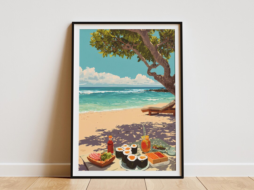 Beach Picnic Spam Musubi Poster Hawaiian Travel Art Print Tropical ...