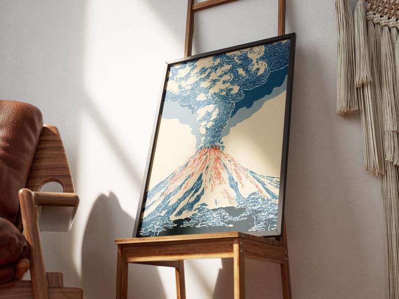 Japanese Ukiyoe Volcano Eruption Print Dynamic Woodcut Style Mount Fuji ...