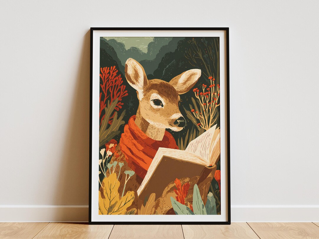 Cozy Woodland Deer Reading Book Art Print Enchanting Forest Animal Wall ...