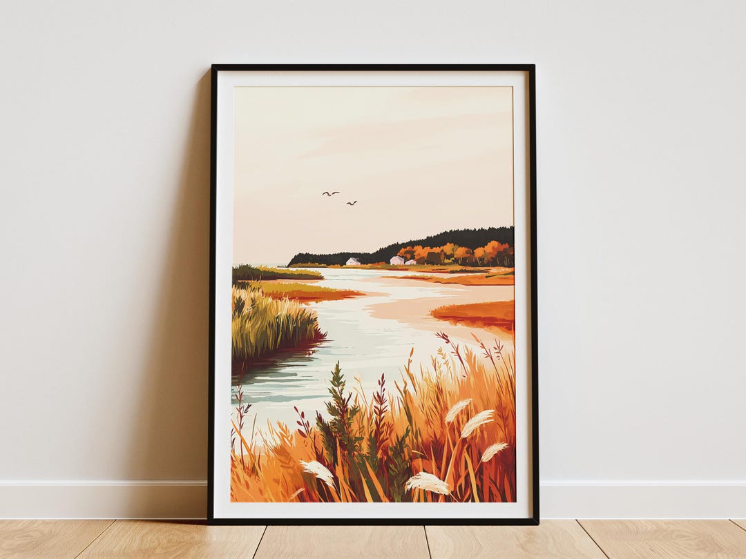 Autumn Meadow River Landscape Poster Calm River Art Print Fall Nature ...
