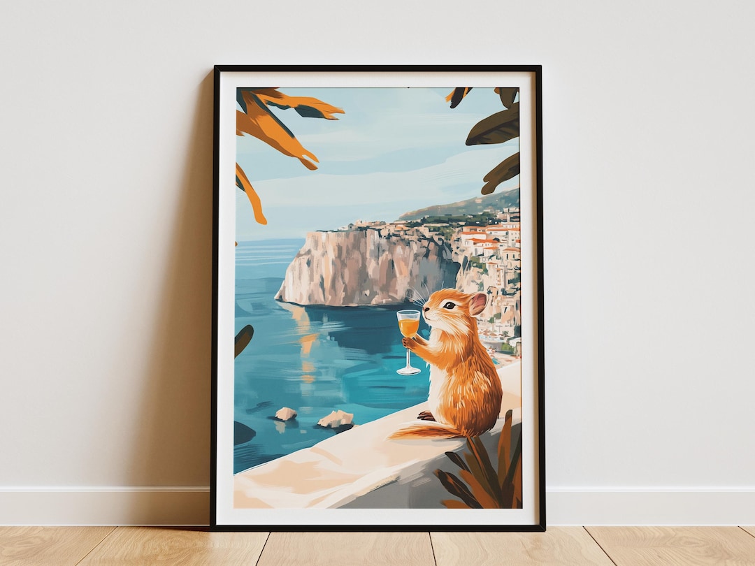 Coastal Pika Art Print Cute Animal Poster Italian Riviera Decor Orange ...