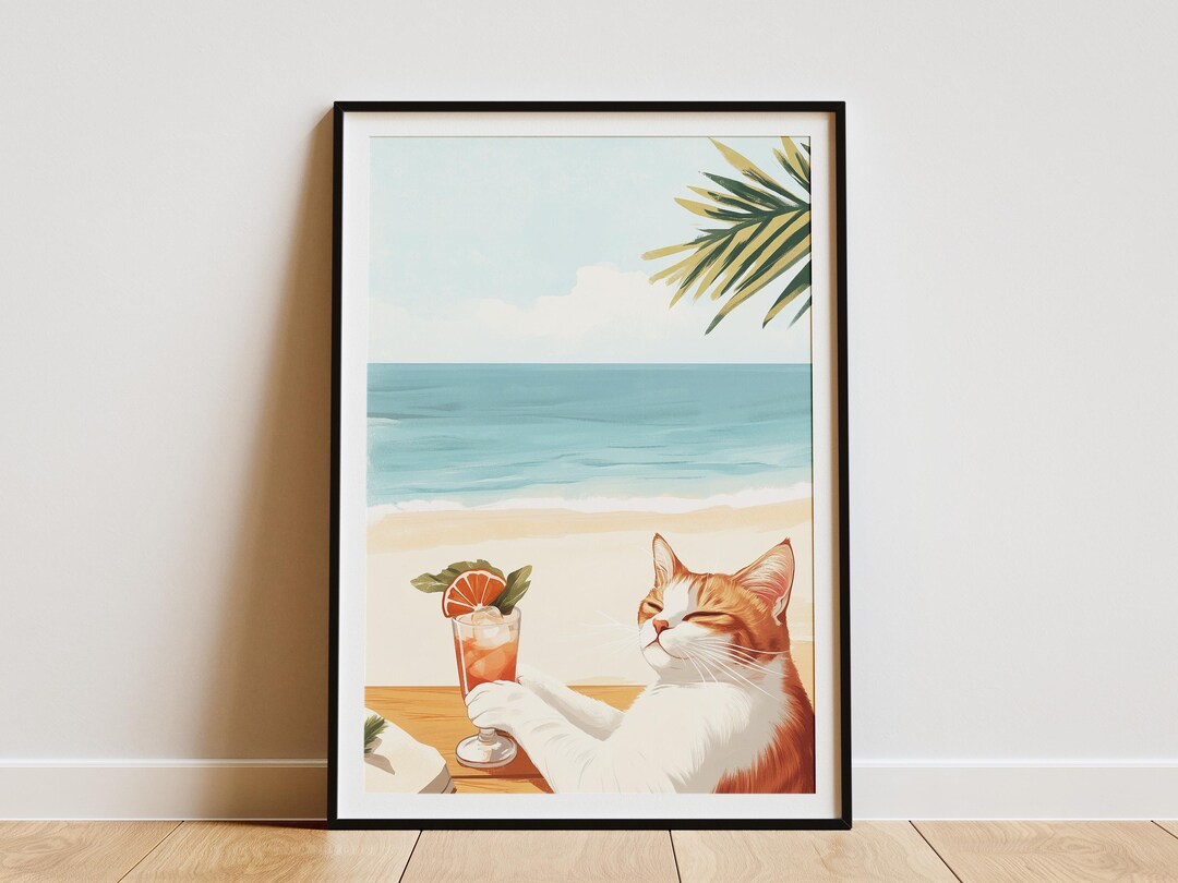 Summer Beach Cat Poster Orange Tabby Cat Art Print Cute Kitty Cocktail ...