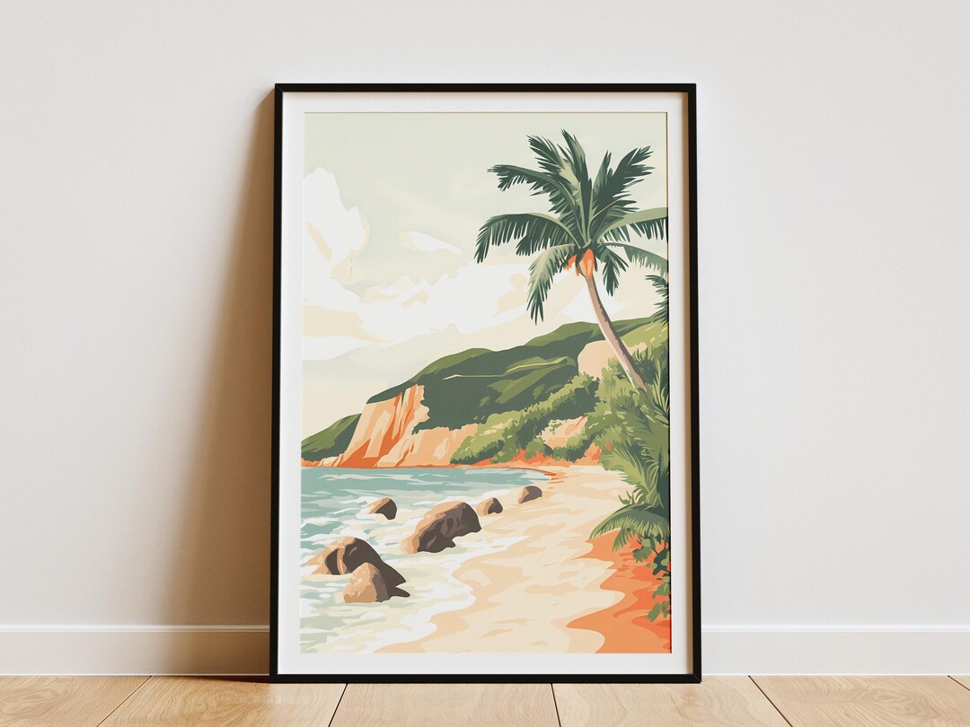 Tranquil Beach Palm Tree Poster Print Coastal Wall Art Ocean Scene ...