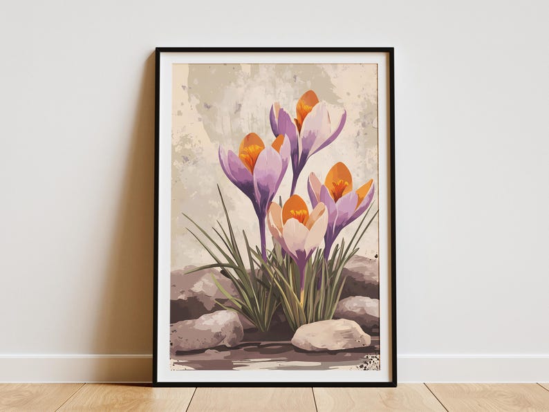 Spring Crocus Flowers Poster Purple Orange Crocus Botanical Print ...