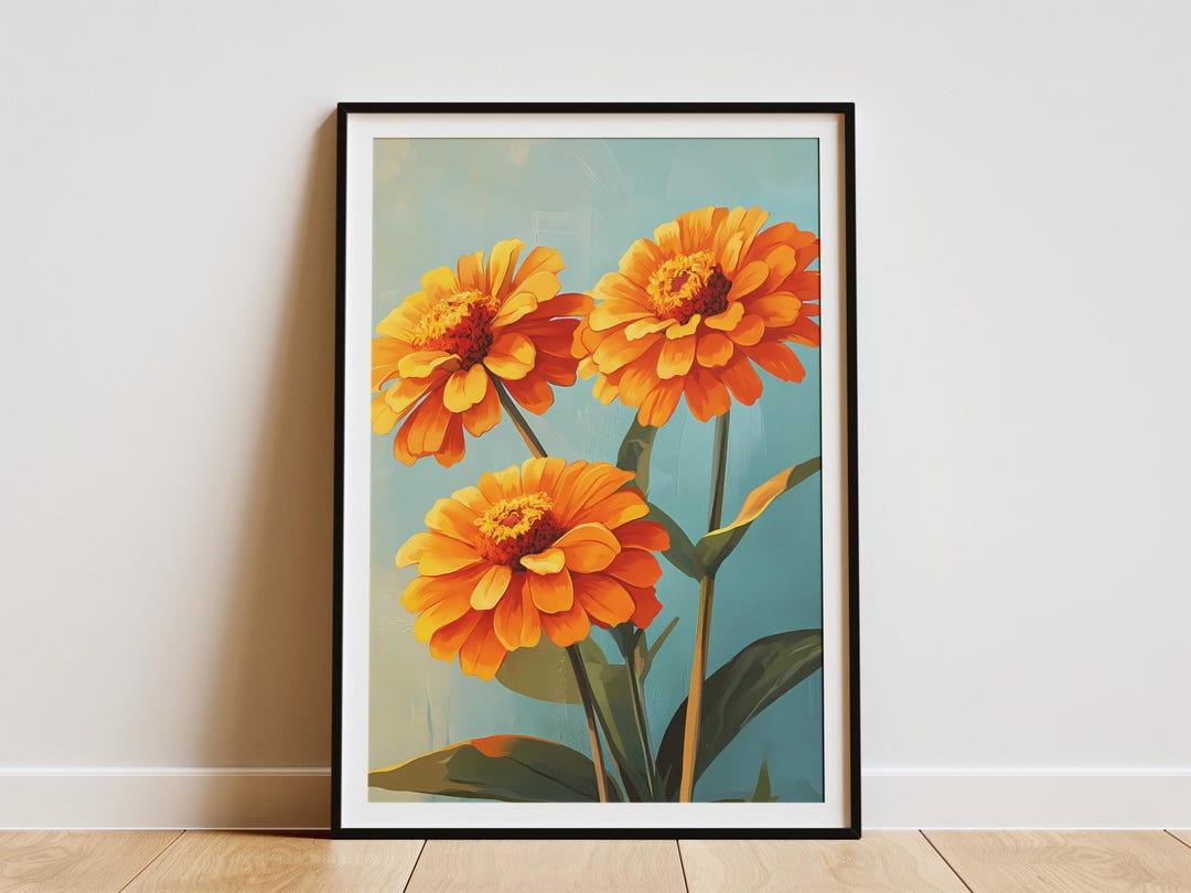 Orange Zinnia Flower Poster Botanical Summer Flowers Print Orange ...