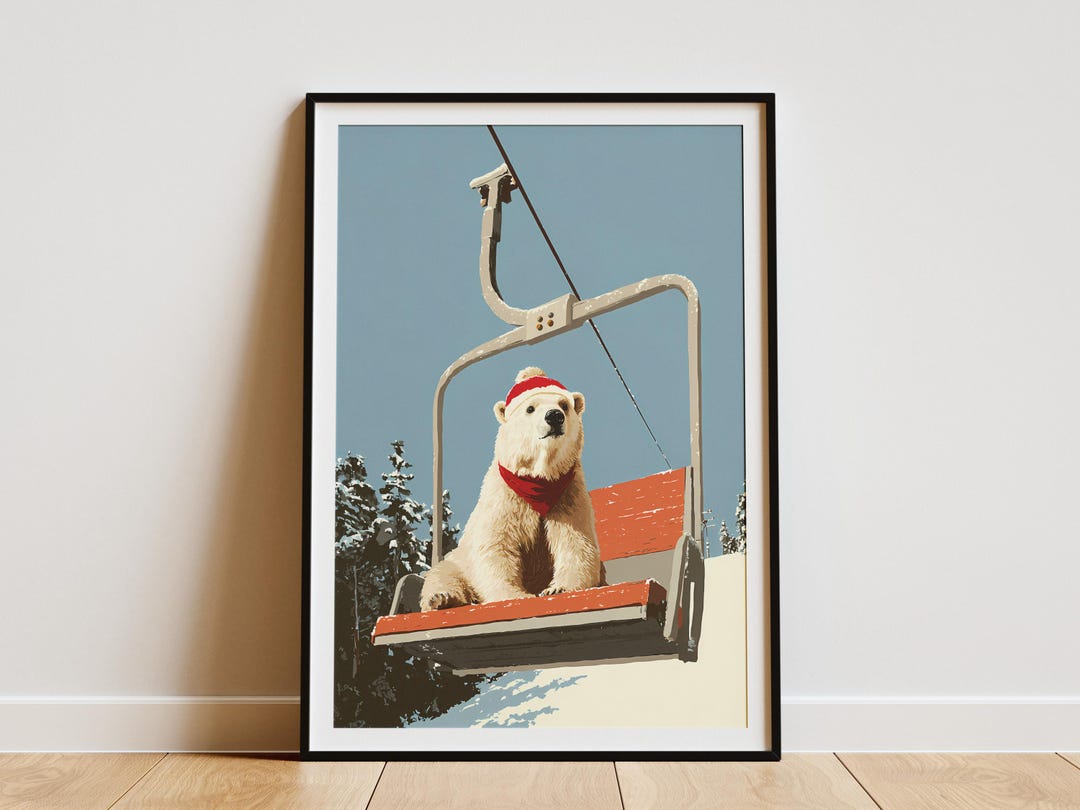 Christmas Polar Bear Ski Lift Print Winter Holiday Wall Art Decor Snowy ...