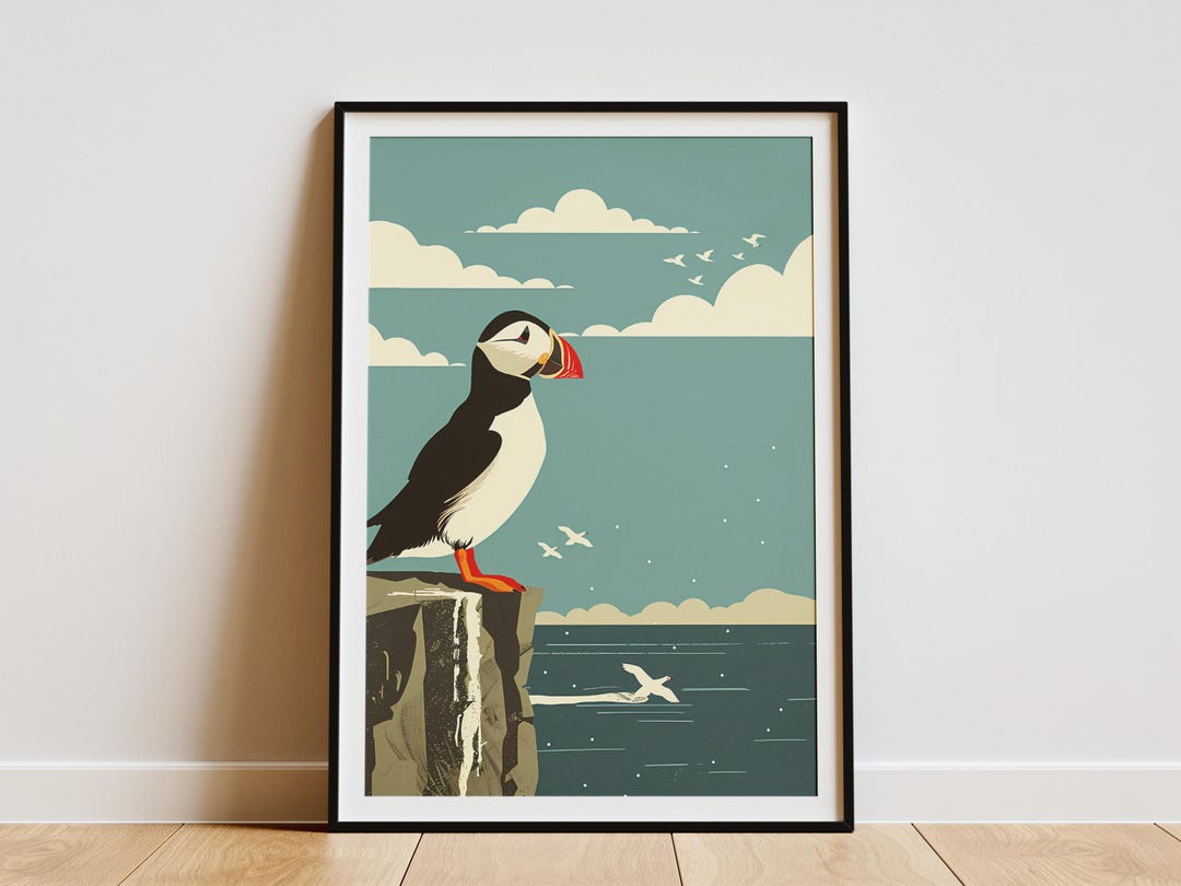 Vintage Coastal Puffin Poster Ocean Bird Art Print Mid Century Modern ...