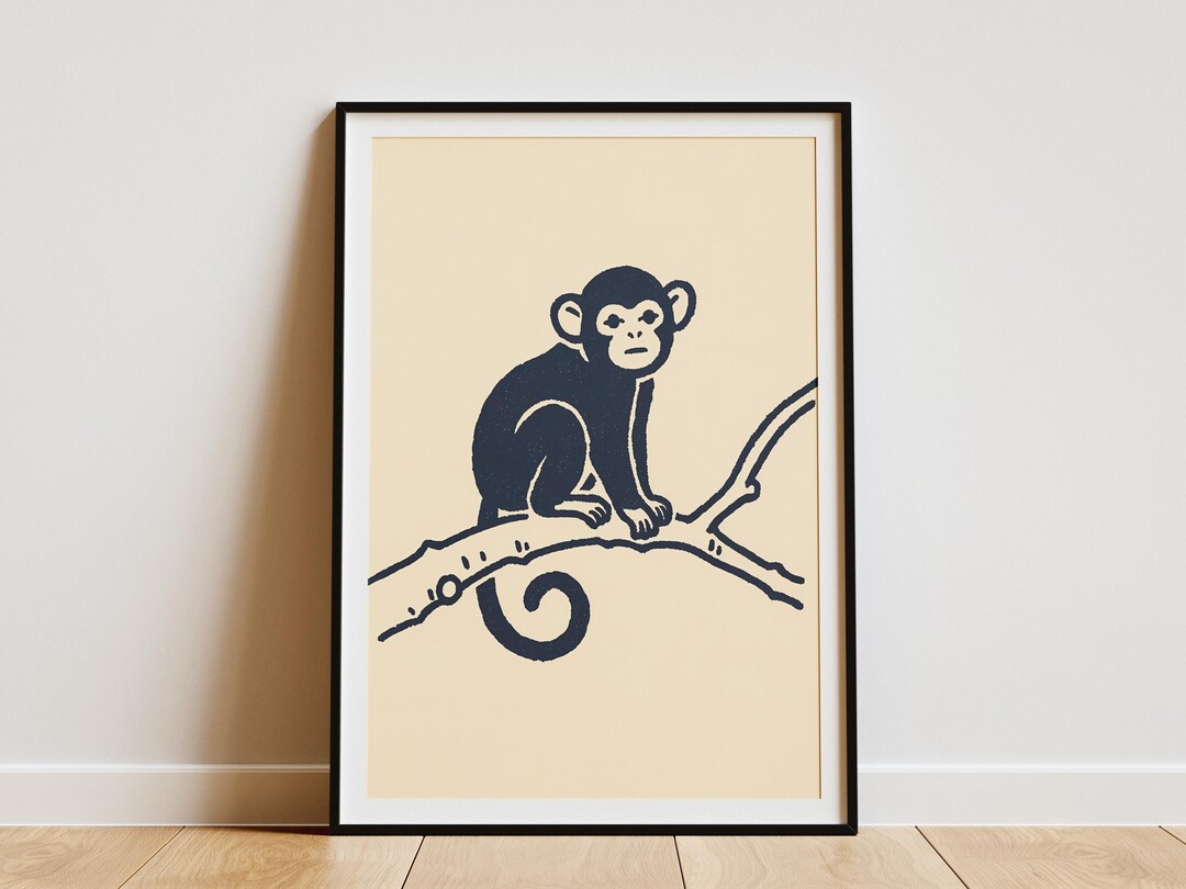 Minimalist Monkey on Branch Wall Art Print Elegant Animal Nature Decor ...