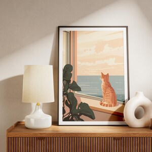 Orange Cat by Windowsill Ocean View Summer Sunset Beach Coastal Cat Art ...