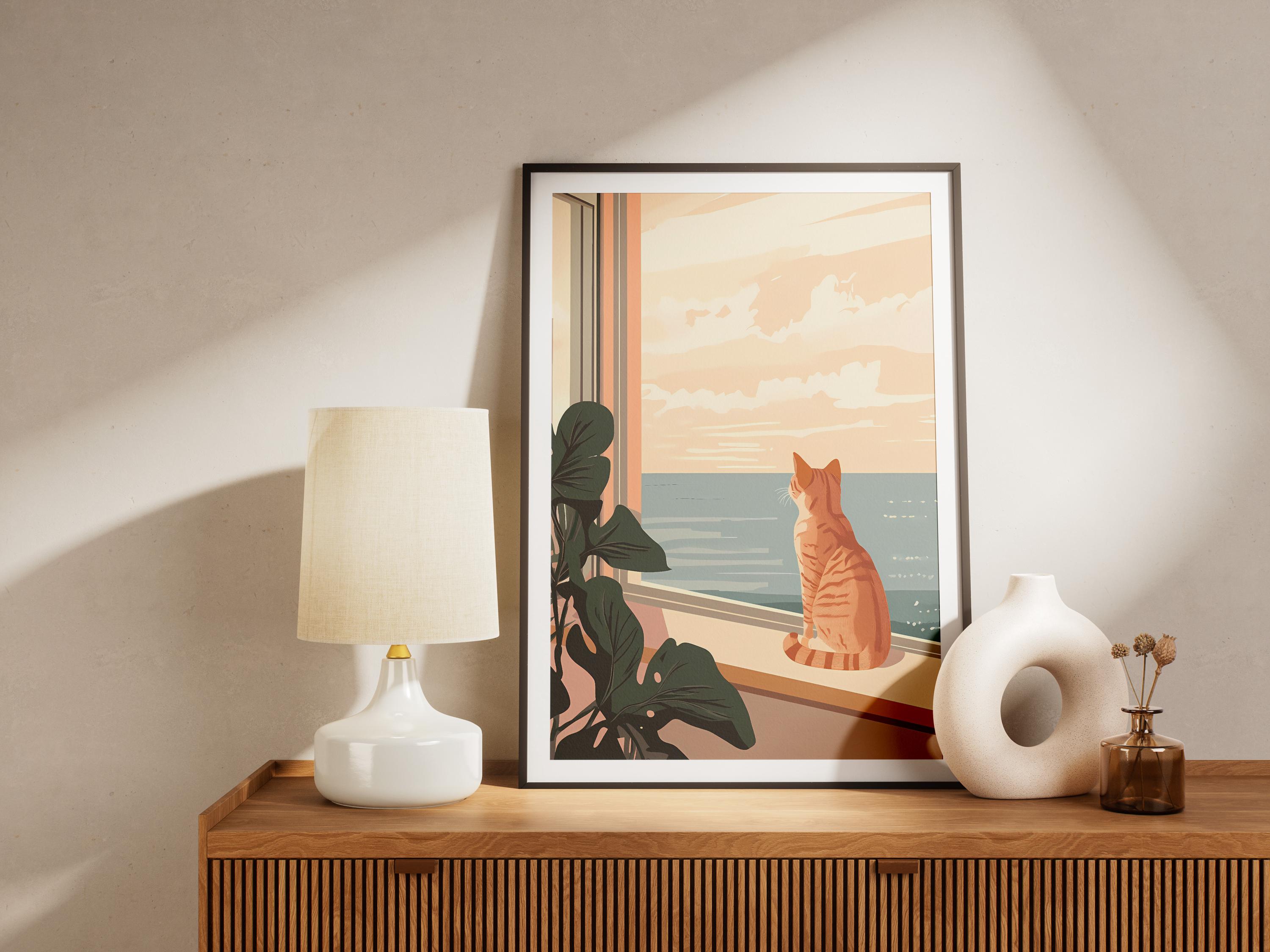 Orange Cat by Windowsill Ocean View Summer Sunset Beach Coastal Cat Art ...