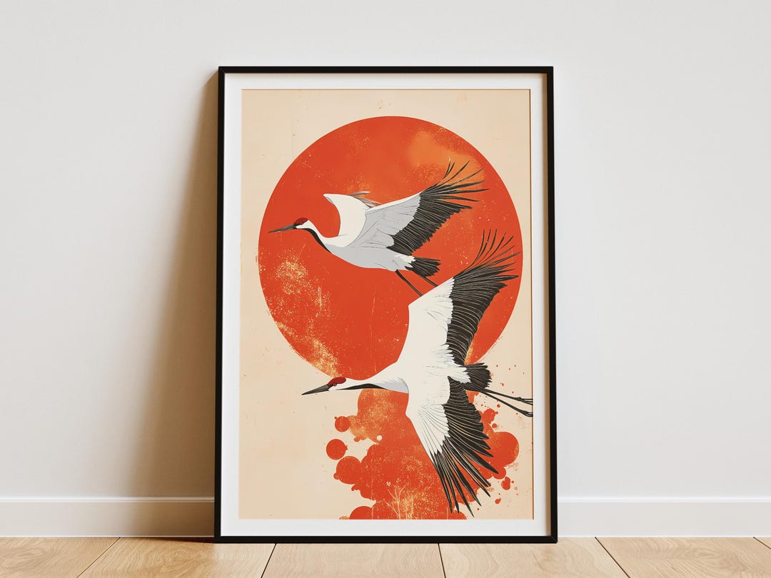 Red Sun Cranes in Flight Japanese Art Print Asian Bird Poster ...