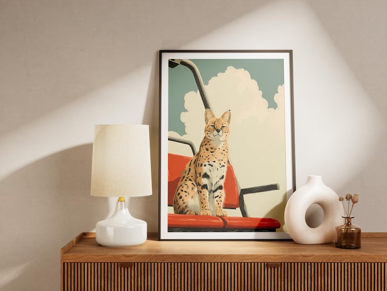 Vintage Serval Cat Ski Lift Poster Mid Century Modern Winter Holiday ...