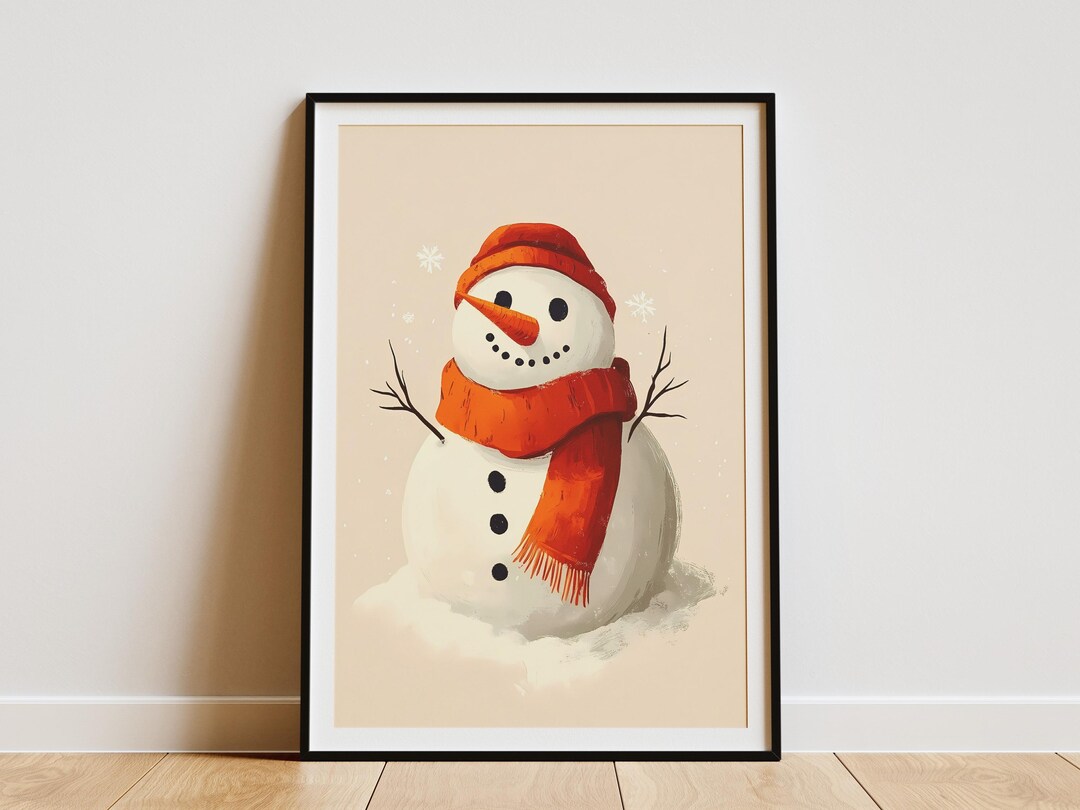 Cute Snowman Christmas Poster Winter Holiday Print Orange Scarf Snowman ...