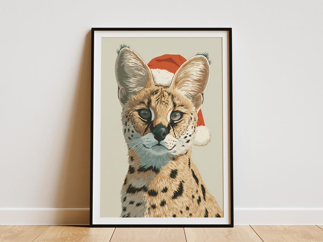 Festive Serval Art Print With Santa Hat Christmas Holiday Wall Decor ...