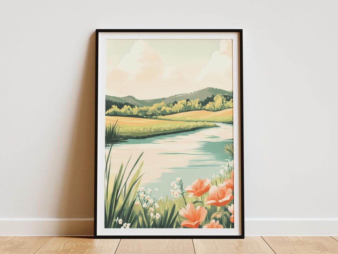 Floral River Landscape Poster Peach Flowers and Green Grass Meadow ...