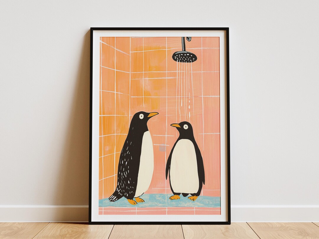 Cute Penguin Shower Painting Painting Gouache Art Print Bathroom Decor ...