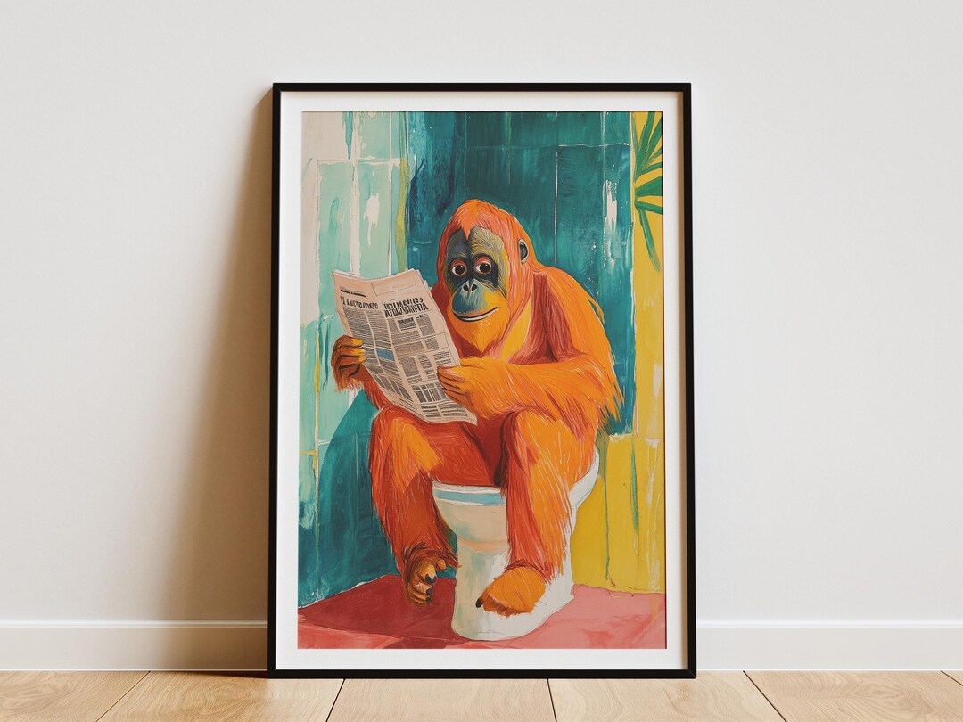 Orangutan Reading Newspaper on Toilet Bathroom Print Funny Animal ...