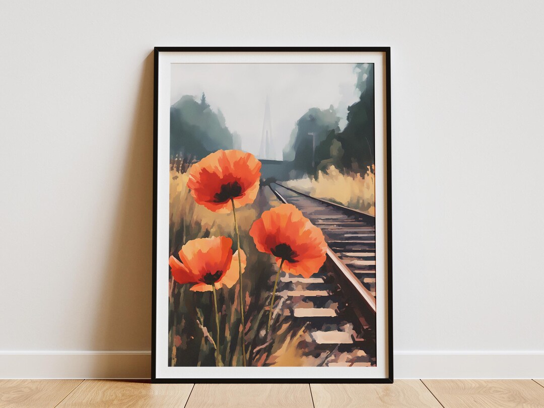 Red Poppies Blooming Near Train Tracks Art Print Botanical Illustration ...