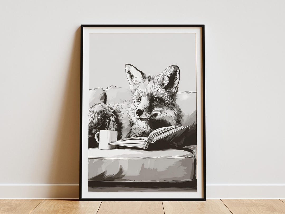 Black and White Fox Reading Book on Sofa Art Print Cozy Animal Wall ...