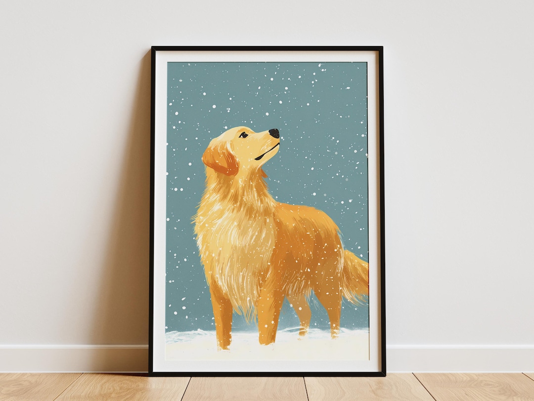 Golden Retriever Dog in Snow Digital Art Print Winter Pet Lover Wall ...