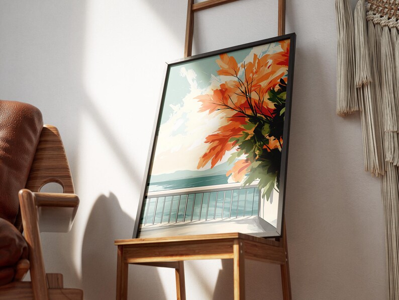 Ocean View Poster Coastal Art Print Orange Leaves Modern Minimalist ...