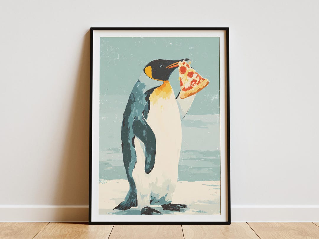 Whimsical Penguin Eating Pizza Digital Art Print Funny Animal Wall ...