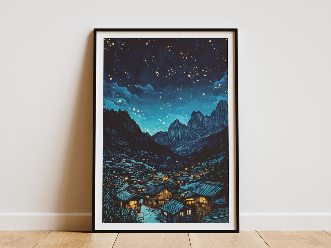 Mountain Village Night Sky Poster Starry Night Landscape Print ...