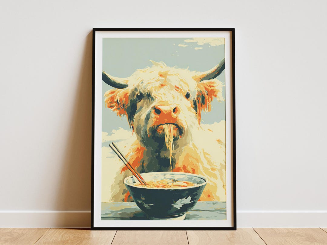 Whimsical Highland Cow Eating Ramen Noodles Poster Print Quirky Farm ...