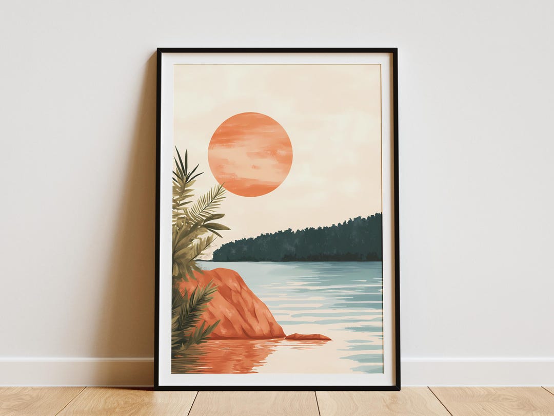 Sunset Lake Poster Calm Water Print Orange Sun Art Peaceful Nature ...