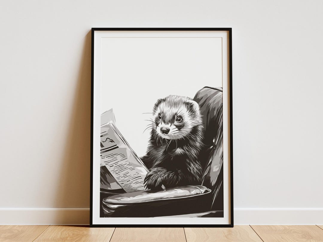 Ferret Reading Newspaper Art Print Detailed Animal Illustration Wall ...