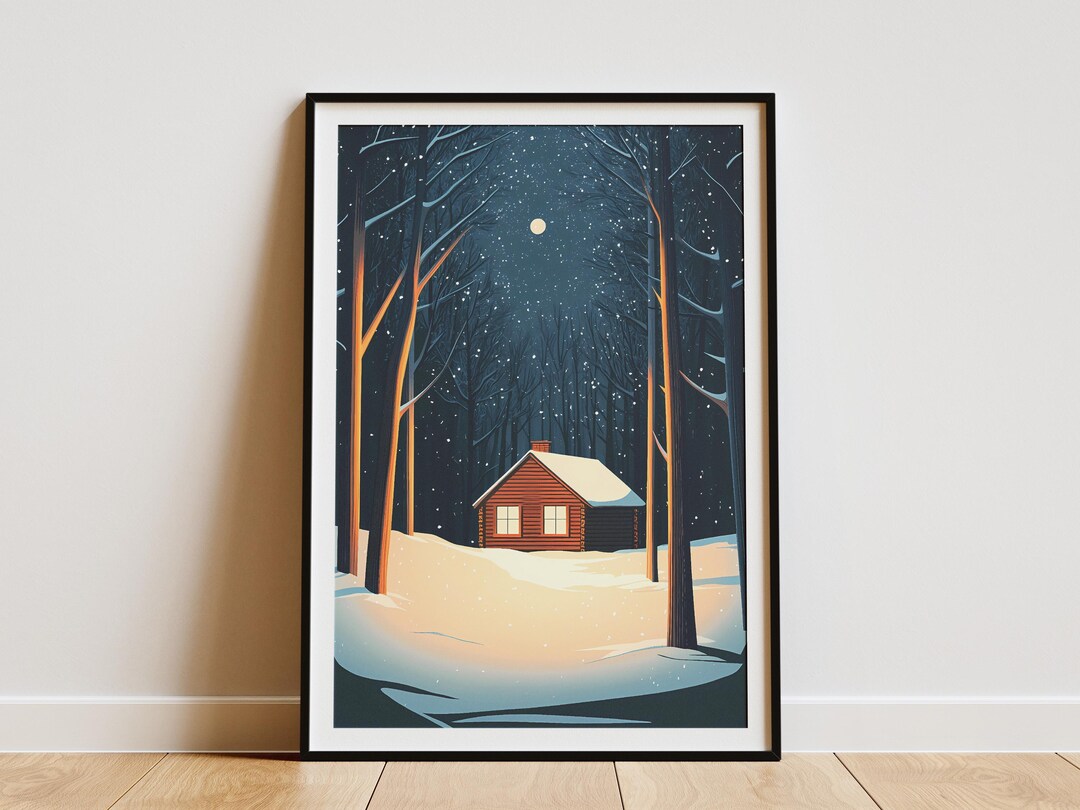 Winter Cabin in Woods Snow Poster Cozy Forest Cottage Snowy Landscape ...